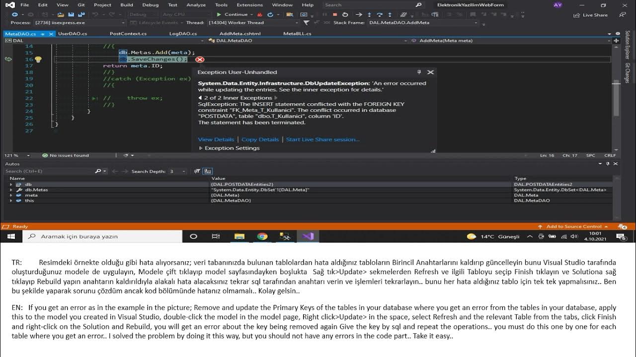 Tanımlayıcı Sorgusu olduğundan Varlık Kümesi güncellenemiyor | Unable to update the EntitySet ...
