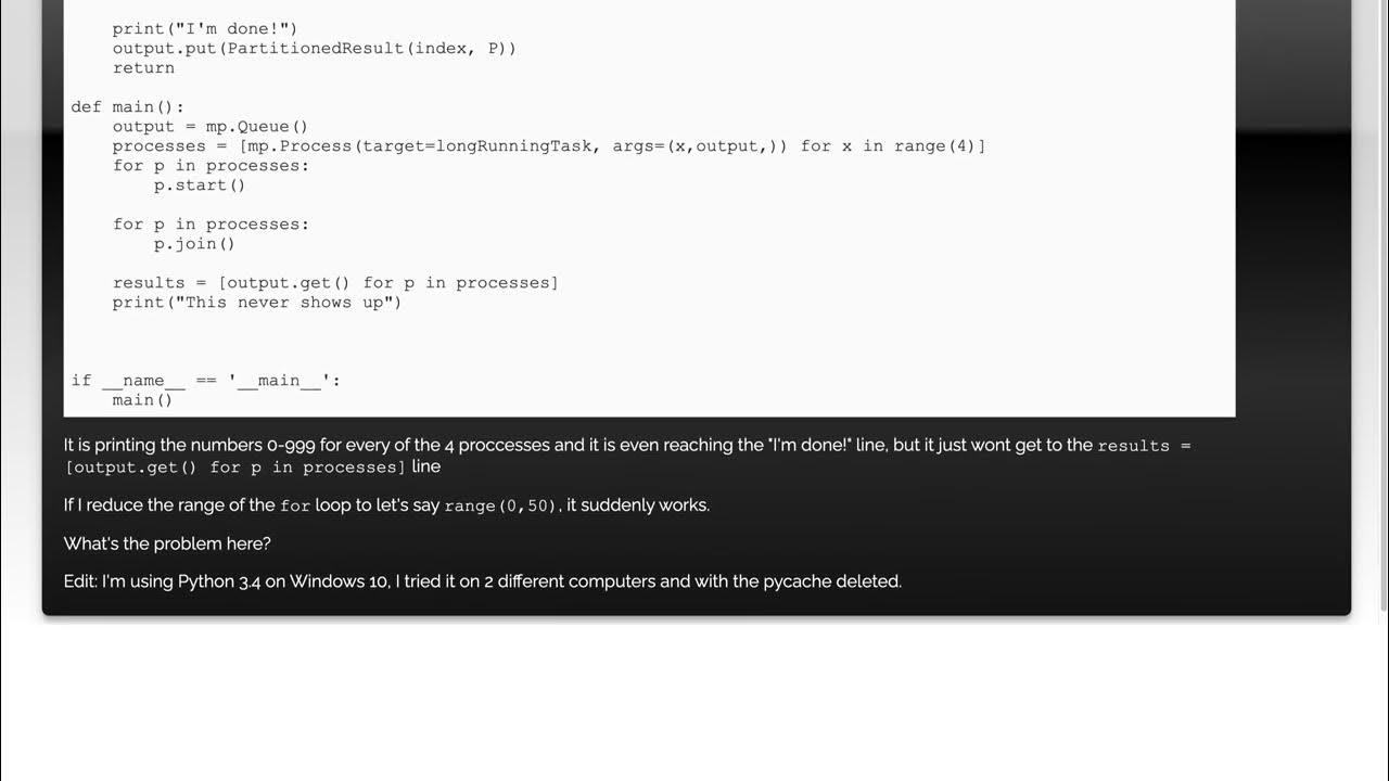Python Multiprocessing - Why are my processes are not returning/finishing? - YouTube