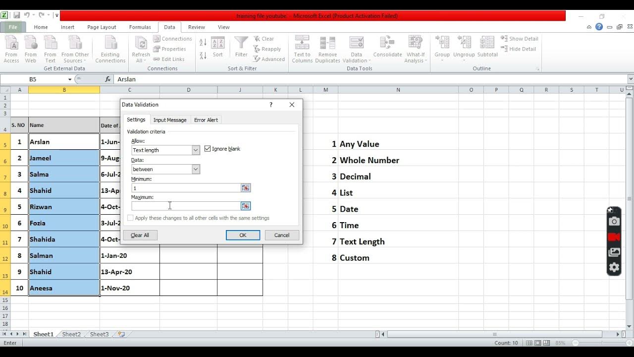 Data Validation in MS-Excel | Data Validation Tutorial | Data Validation input message in Excel ...