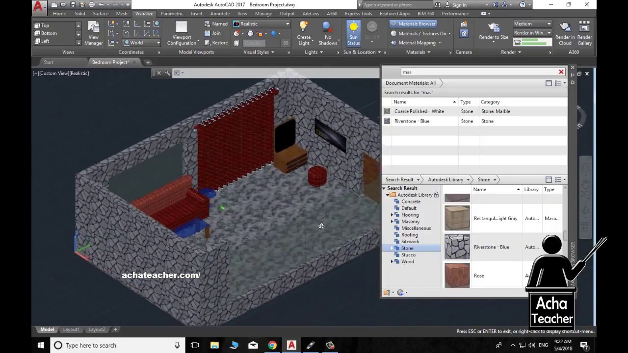 AutoCAD 3D Bedroom | Marble Material to Walls | Lecture 24 - YouTube