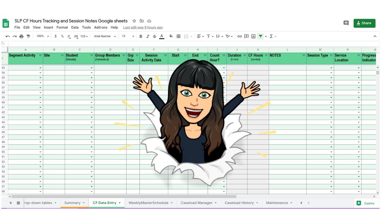 SLP CF Timesheet for session notes and counting hours for Google Sheets ...
