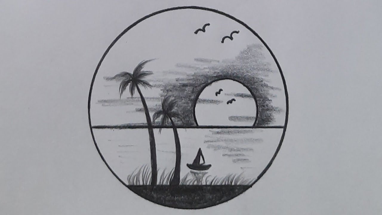 Circle scenery drawing || Circle drawing || Sunset scenery drawing ...