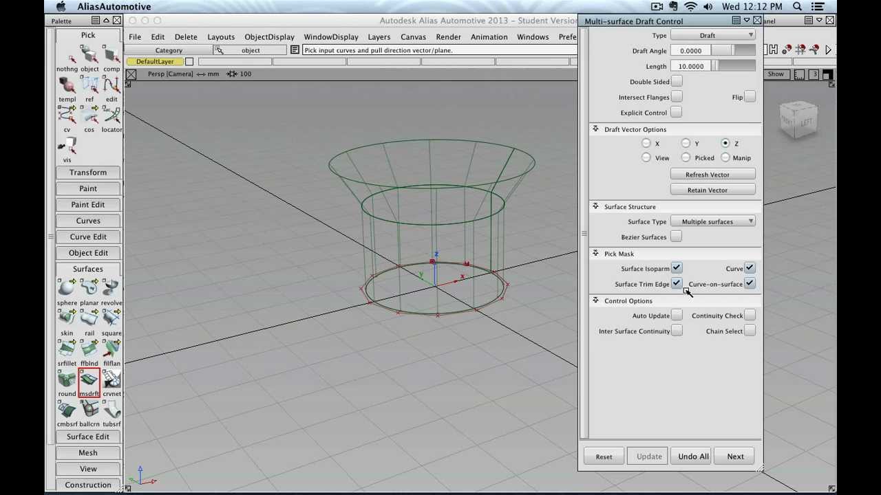Draft Surface in Alias 2013 vs 2010 - YouTube