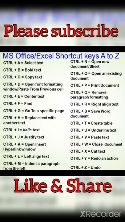 MS Office Excel Shortcut keys A to Z #Shorts Computer Shortcut Keys - YouTube