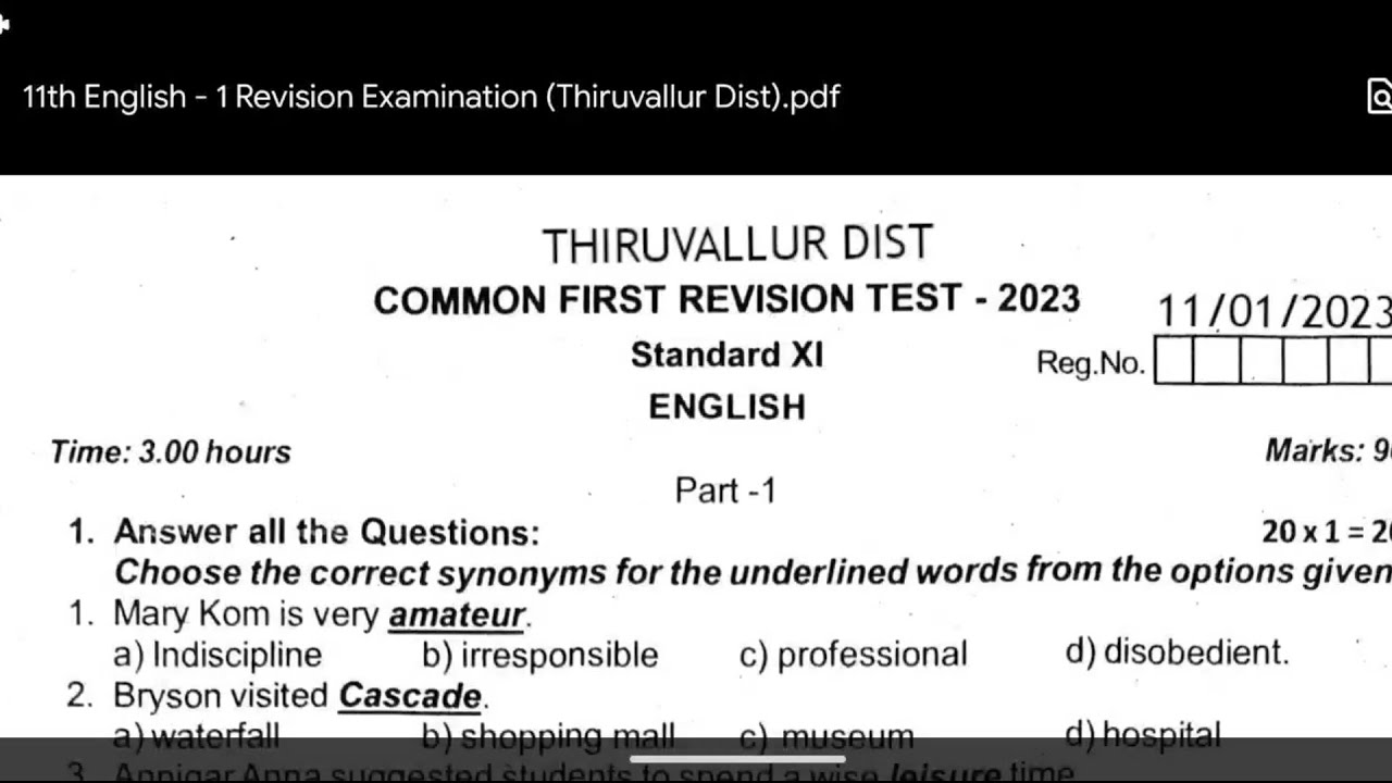 11th English First Revision Exam Question Paper Thiruvallur 11th English First Revision Exam Question Paper Thiruvallur