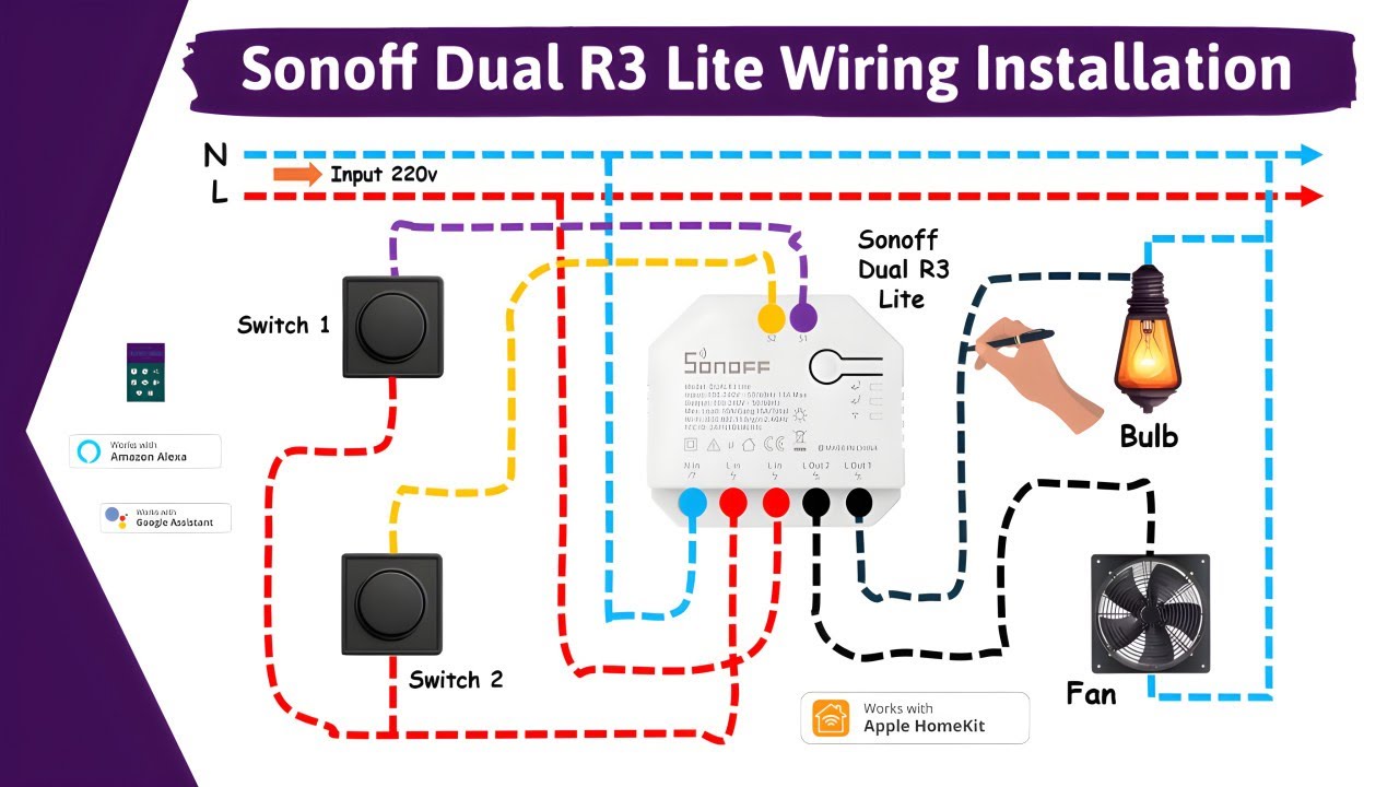 Wiring Install Sonoff Dual R3 Lite 2 Gang Smart Wifi Switch Works With ...