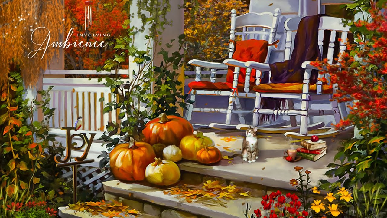 Calm Autumn Day on Porch ASMR Ambience🍂Crunchy Leaves & Footsteps, Wind ...