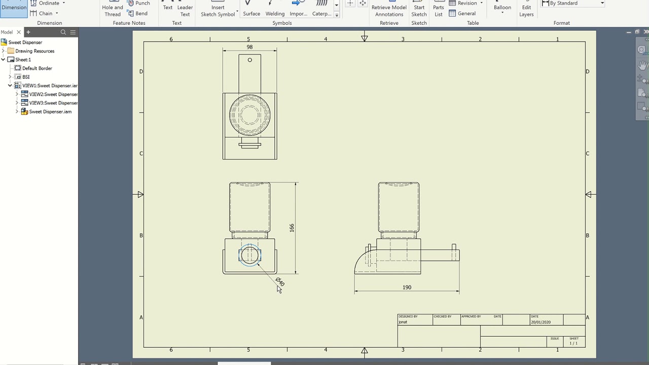 14 - Inventor CAD Tutorial - Sweet Dispenser Assembly Orthographic ...