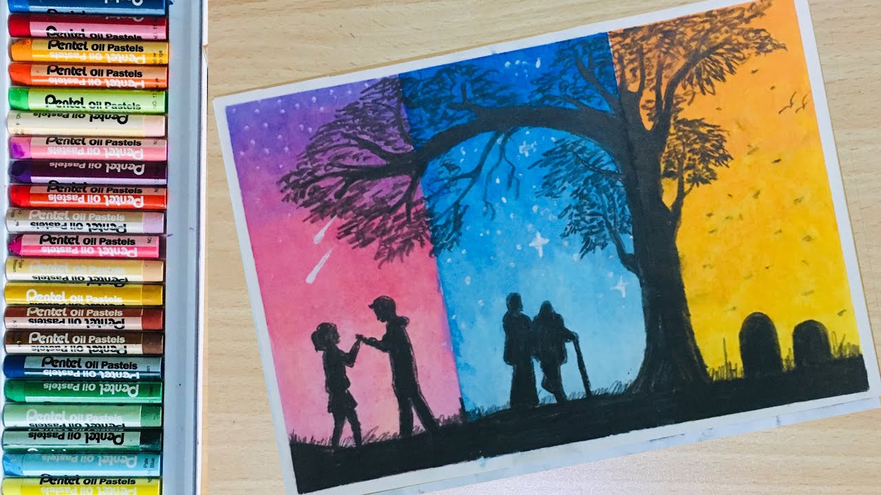 True Lovely Couple Scenery Drawing with Oil Pastels - step by step ...