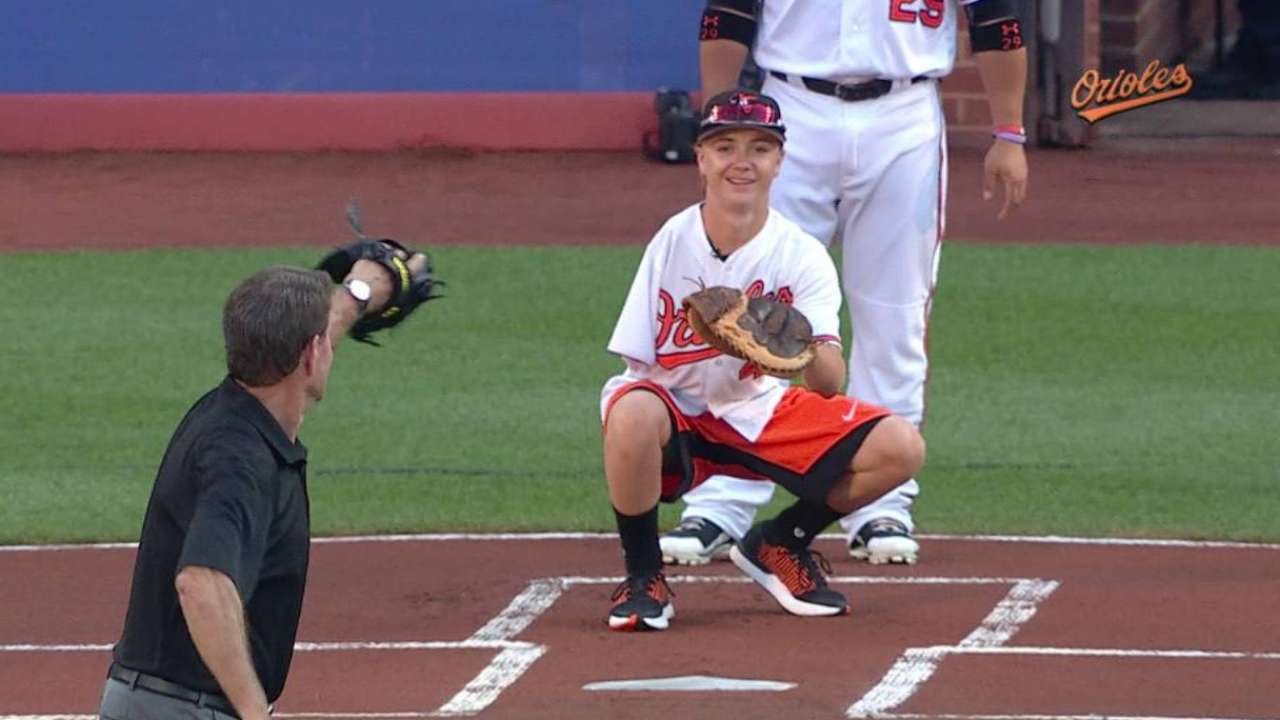 CLE@BAL: Luke Terry, Jim Palmer toss first pitch - YouTube