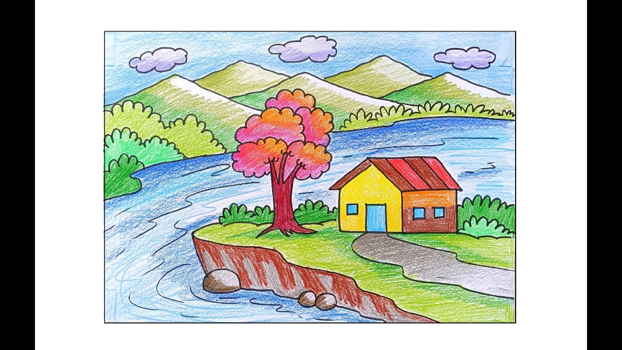 HOW TO DRAW BEAUTIFUL SCENERY ART/LANDSCAPE PAINTING/SCENERY DRAWING ...