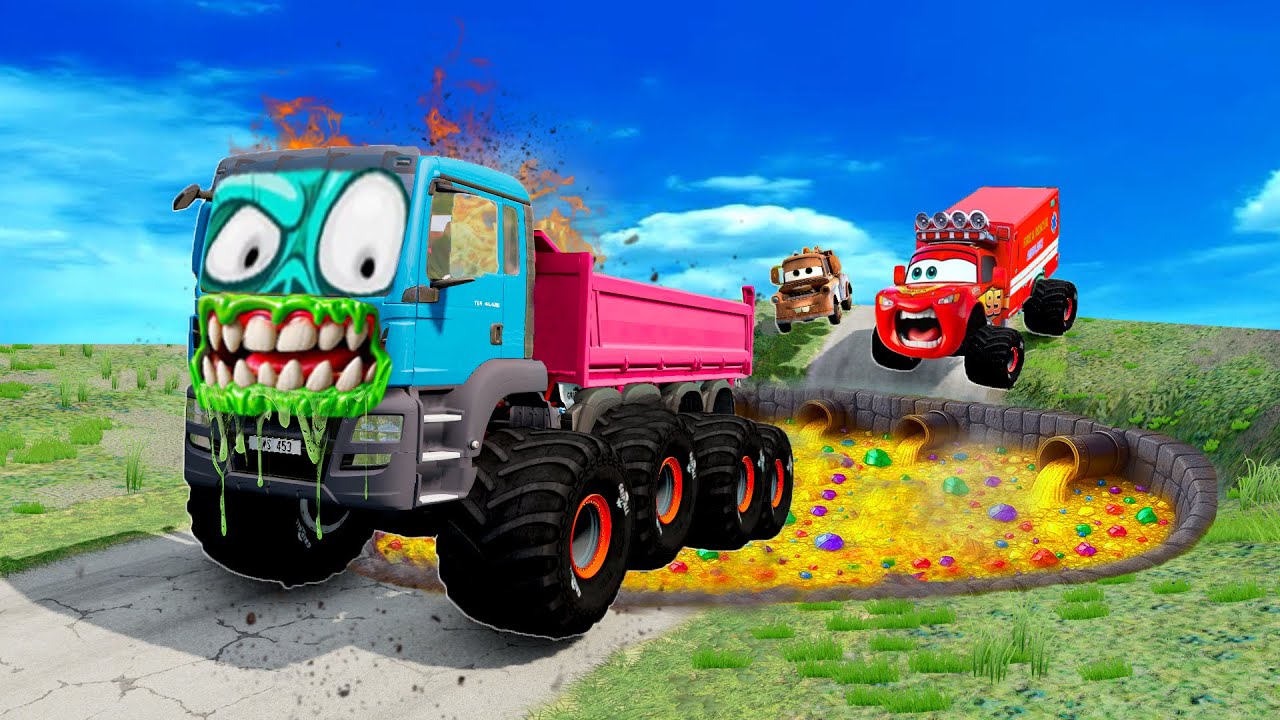 Lightning McQueen Ambulance🆚Angry CRANE TRUCK ZOMBIE andBIG LAVA PIT in ...