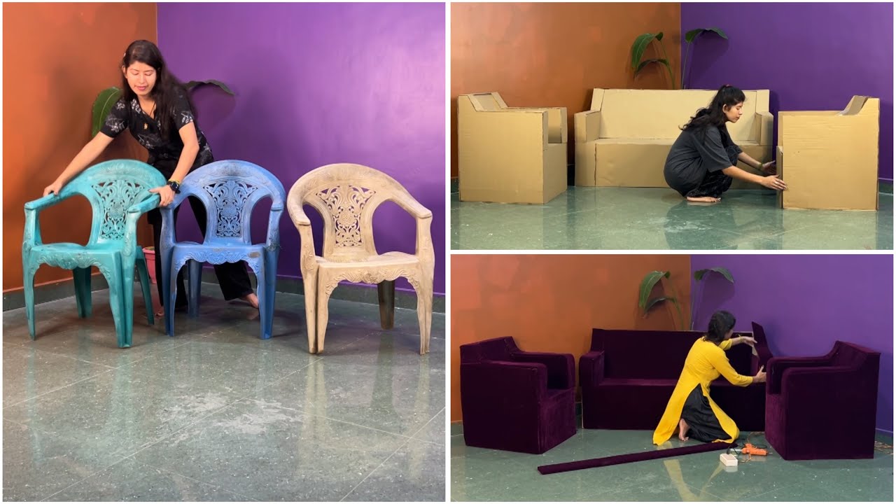 Amazing Sofa Set Transformation Using Plastic Chairs & Cardboard 🛋️ ...