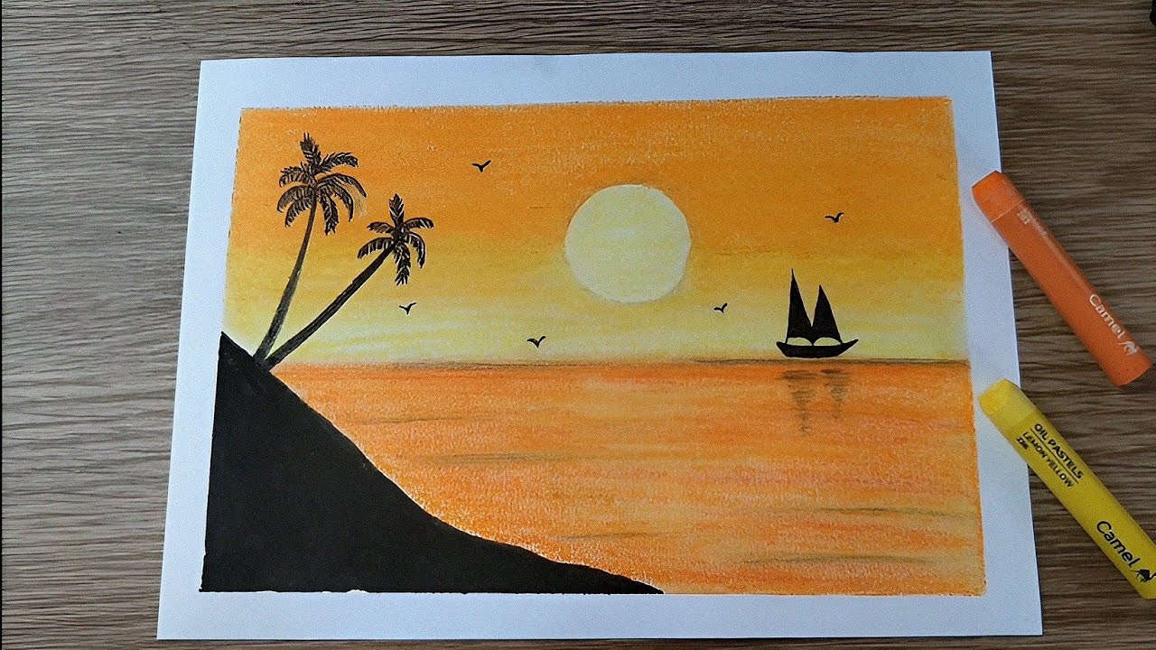 How to draw a sea beach scenery easy | Summer season scenery in sea ...