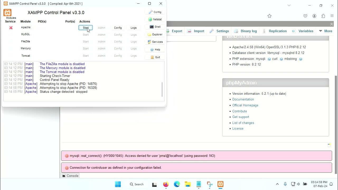 mysqli::real_connect(): (HY000/1045): Access denied for user 'pma'@'localhost' (using password ...