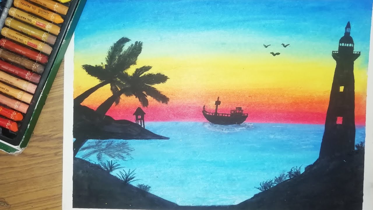 How to draw lighthouse sunset drawing - YouTube