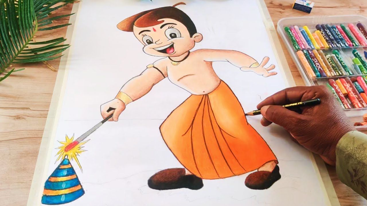 Chhota Bheem Drawing Step By Step | Oil Pastel Drawing - YouTube