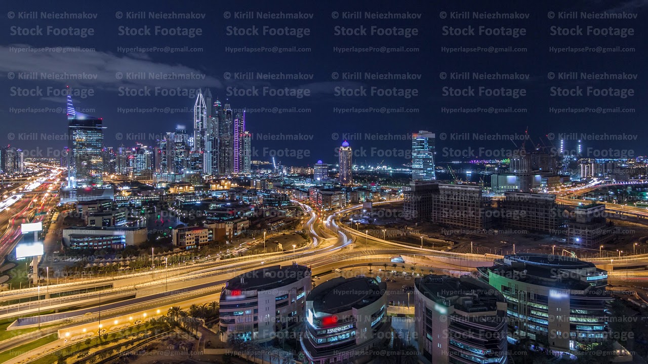Dubai Media City with Modern buildings aerial night timelapse, United ...