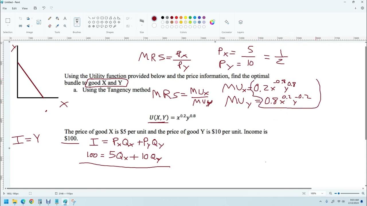 Calculating optimal bundle with utility function intermediate microeconomics - YouTube