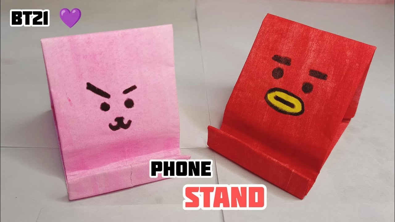 DIY BT21 PHONE HOLDER ll how to make paper phone holder ll BTS CRAFT ll ...