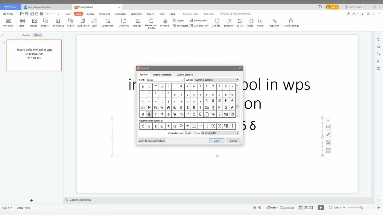 how to insert delta symbol in wps presentation - YouTube