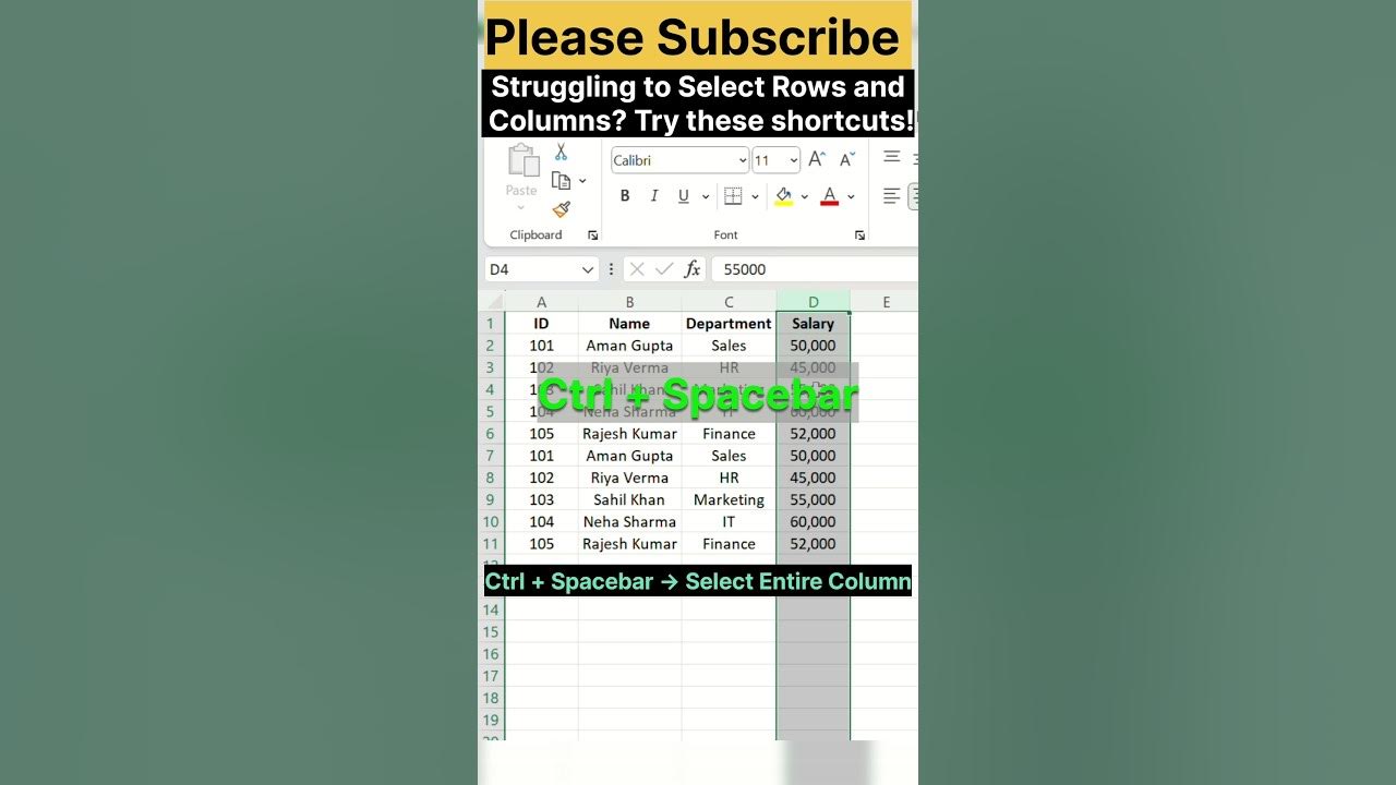 Excel Shortcut to Select Rows & Columns Instantly | Ctrl + Space & Shift + Space - YouTube