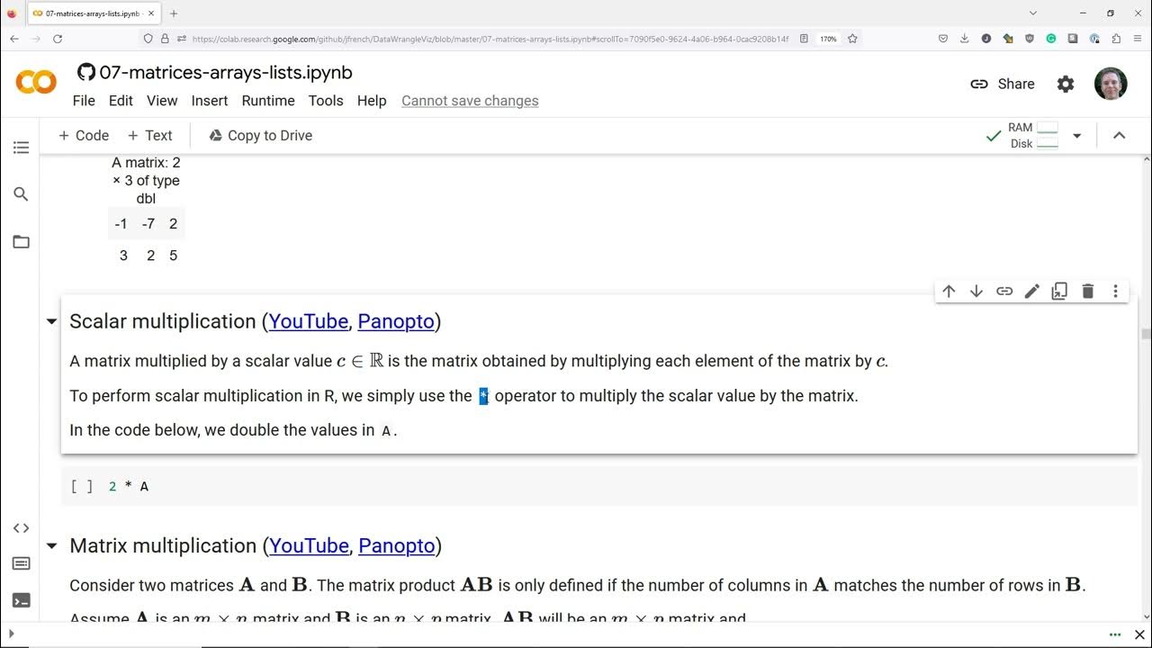 Scalar by matrix multiplication in R - YouTube