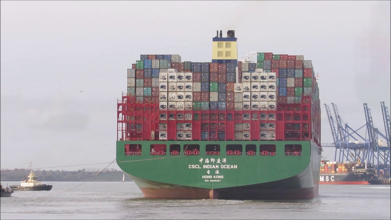 CSCL Indian Ocean eases off Felixstowe Berth 9 then Swings to port with ...