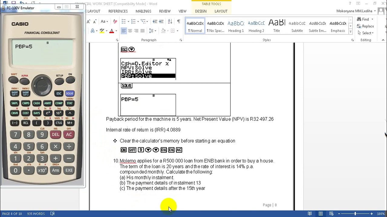CASIO Financial Calculator Worksheet Q9 Calculating Cash Flow NPV