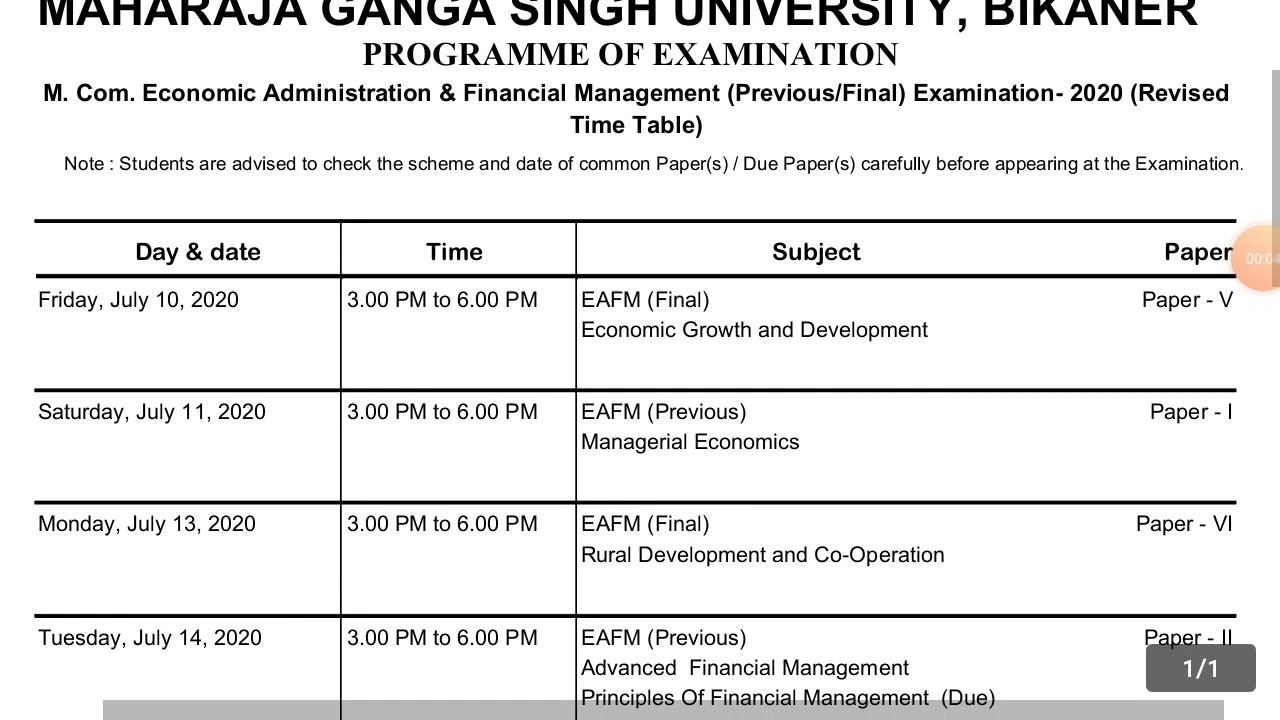 Mgsu M.Com. Eafm (previous/final) revised time table,2020 || - YouTube
