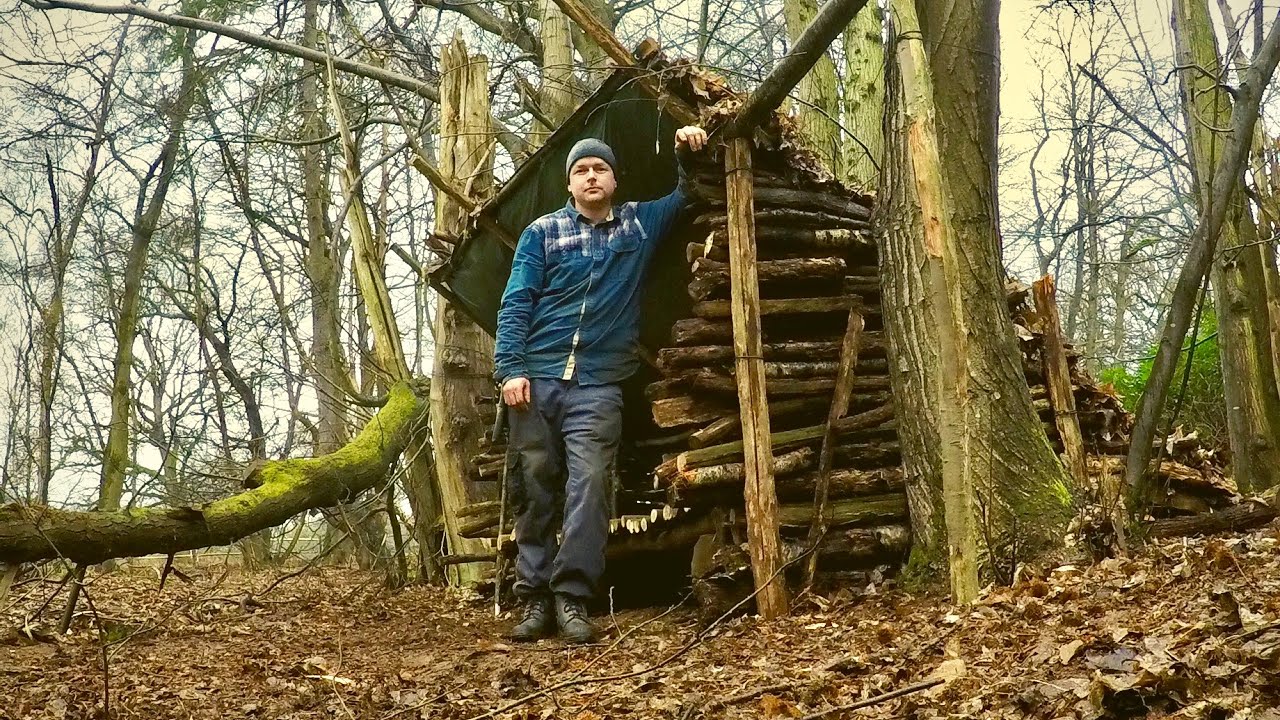 Building a Bushcraft Lean-to Shelter with a Raised Bed from Start to ...