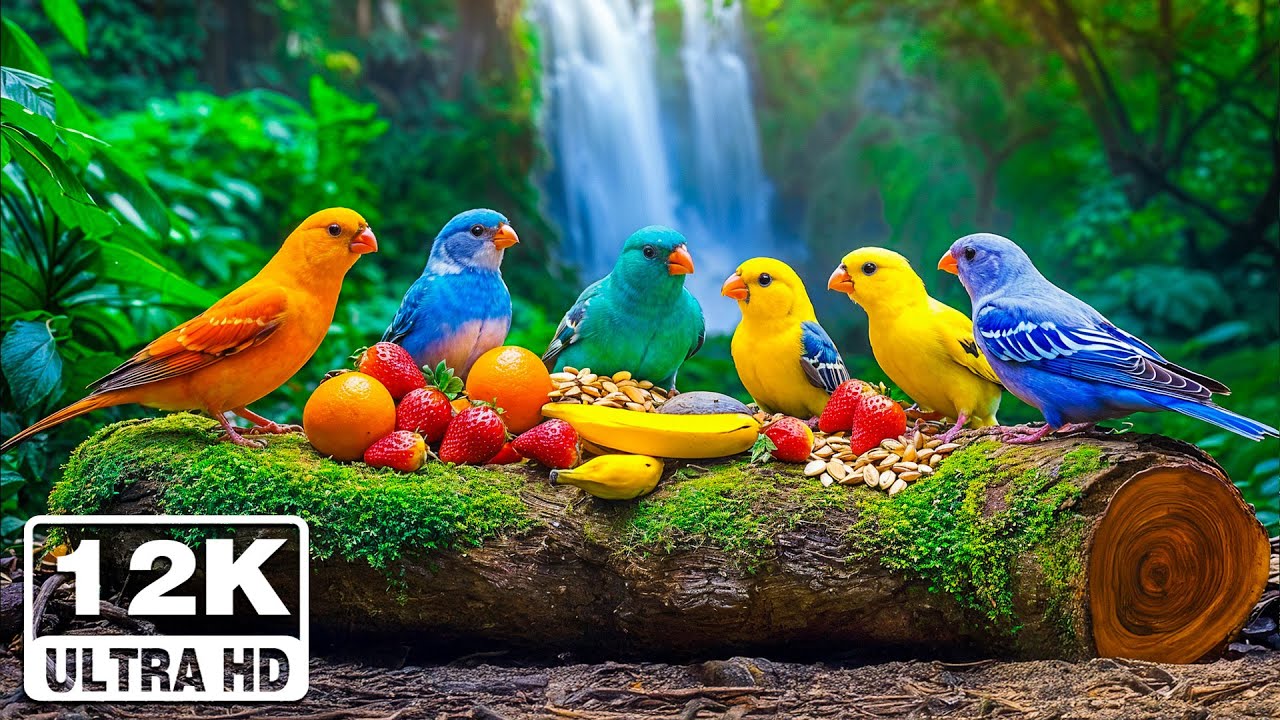 Colorful Birds in 12K🕊️ Harmonious birds and mellow piano blend into a ...