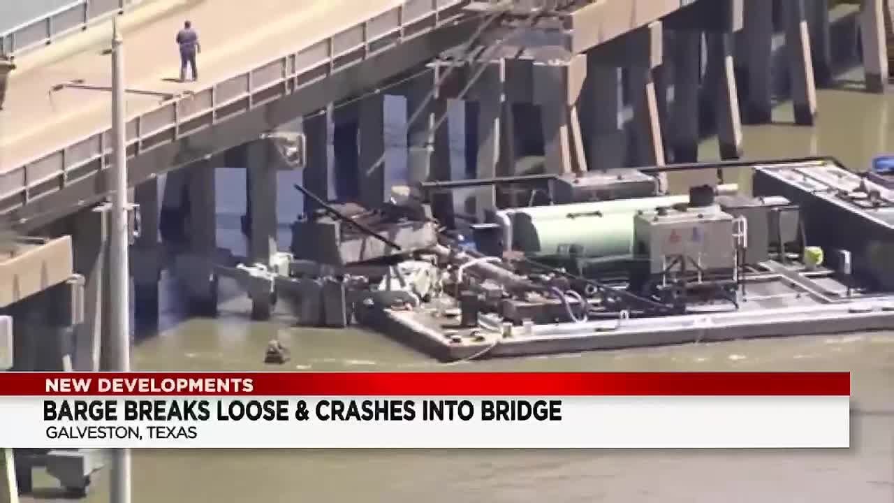 Barge crash into bridge causes partial collapse, oil spill - YouTube