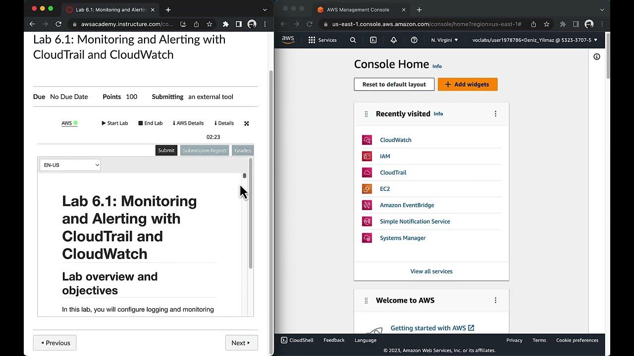AWS Academy Cloud Security Lab 6.1: Monitoring and Alerting with CloudTrail and CloudWatch - YouTube