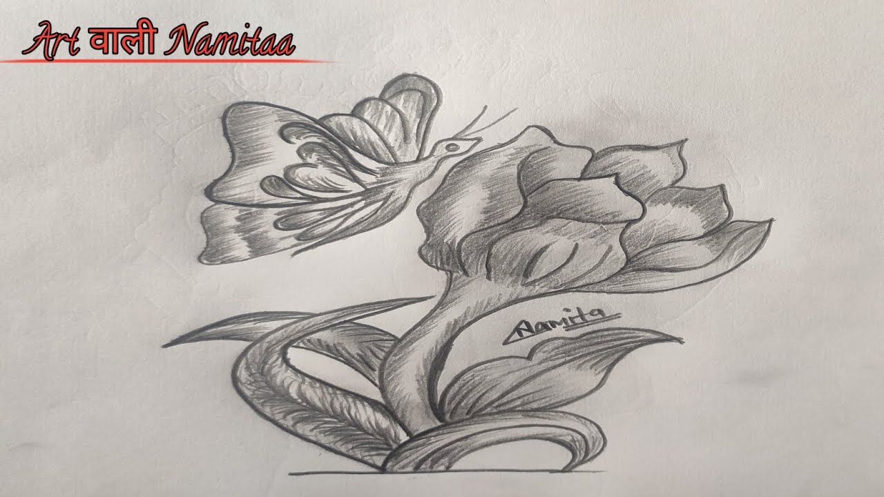 How To Draw a Rose with butterfly - Pencil Sketch - YouTube