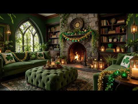 Cozy Irish Library Ambience: Gentle Celtic Music & Crackling Fireplace 🍀