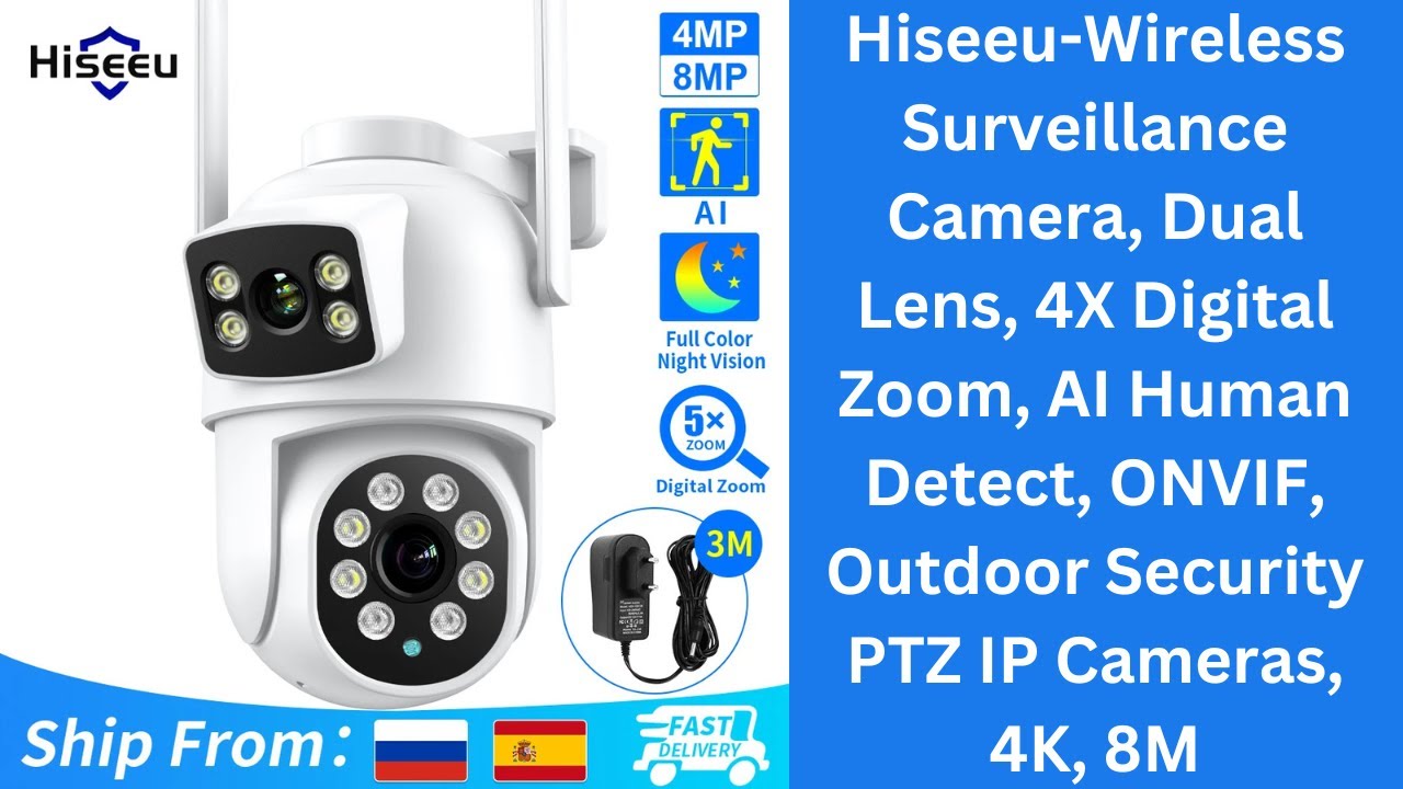Hiseeu Wireless Surveillance Camera - Dual Lens, 4X Digital Zoom, AI ...