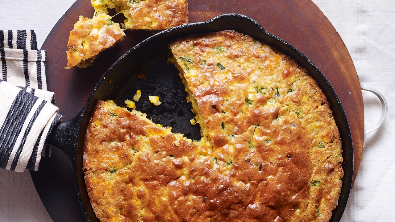 Pati Jinich - Poblano Bacon Cheddar Skillet Cornbread - YouTube