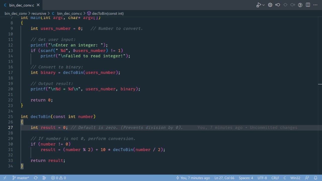 C: Decimal to binary conversion using a recursive function. - YouTube