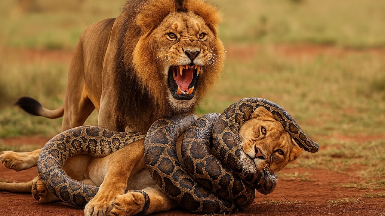 The male lion roared madly when he saw the female lion being violently ...