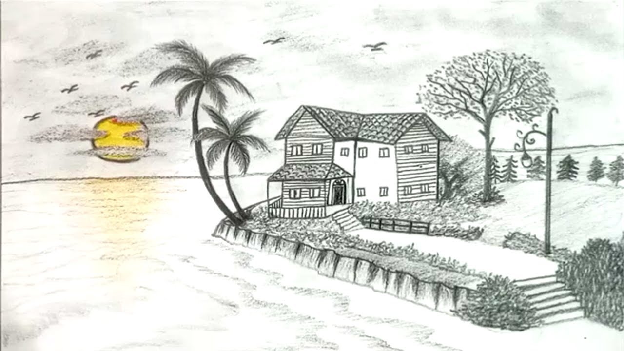 How to Draw a Serene Riverside Landscape with Pencil for Relaxing ...
