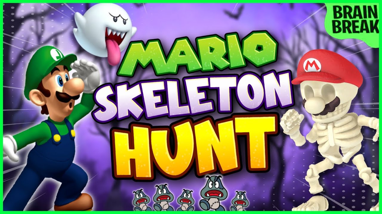 Mario Skeleton Hunt! | Halloween Brain Break | Mario Freeze Dance ...