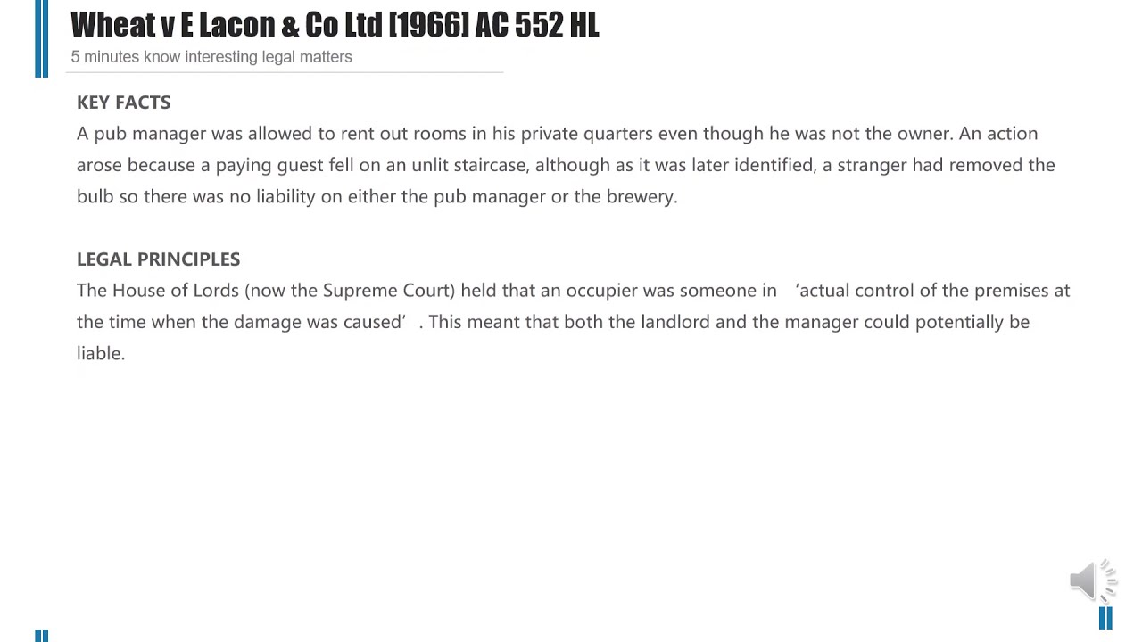 [Case Law Tort] ['definition of occupier'] Wheat v E Lacon & Co Ltd ...