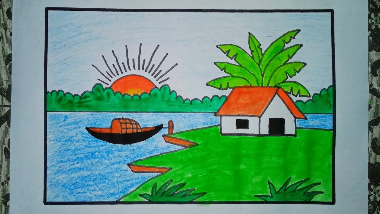 Easy Village Scenery Drawing for Beginners, Village Drawing for School ...