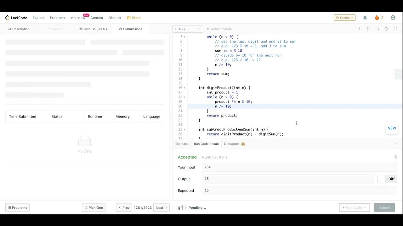 Leetcode Programming Skills I Day 02 1281 Subtract The Product And Sum Of Digits Of An