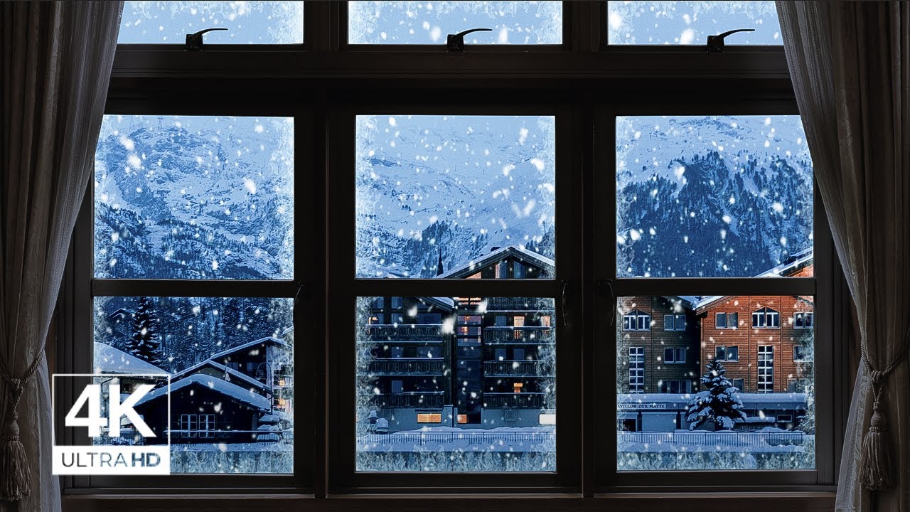 4K Winter town with snow window View - Relaxing, Calming, Ambience ...