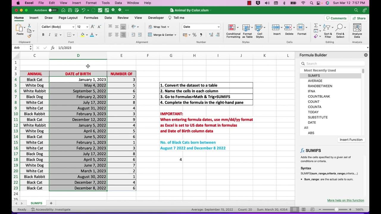 How to use Excel's SUMIFS function. Includes an explanation of using date formats - YouTube