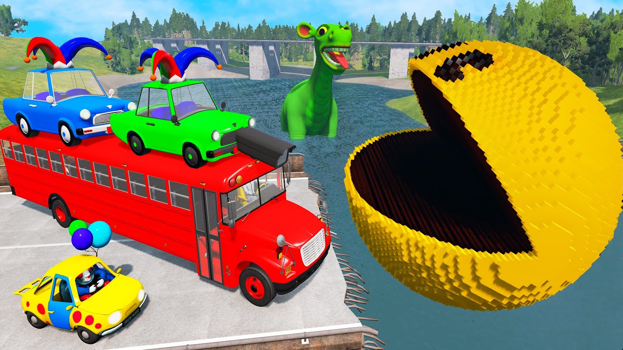 Cars vs Flatbed Trailer Truck Car Rescue Bus Stuck in Mud Pit - Bus vs ...