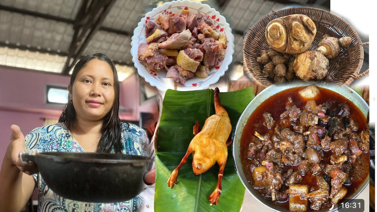 Duck with taro || Hen pen vokak aok ||Delicious curry ||Village recipe ...