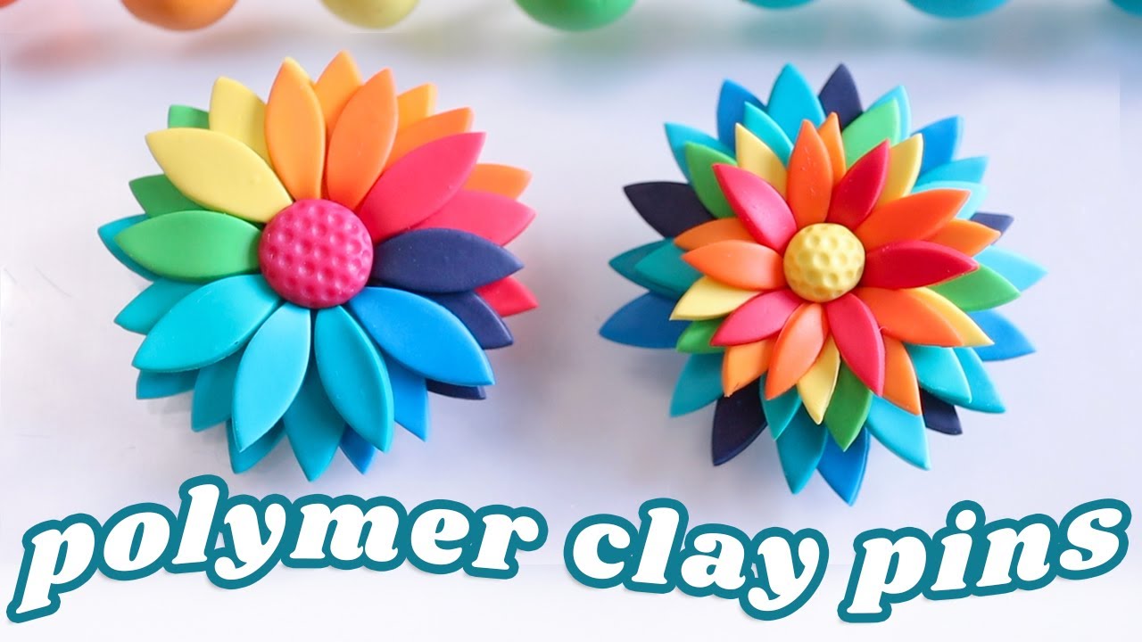 2 Quick & Easy Flower Polymer Clay Pin Tutorials | Rainbow Colours ...